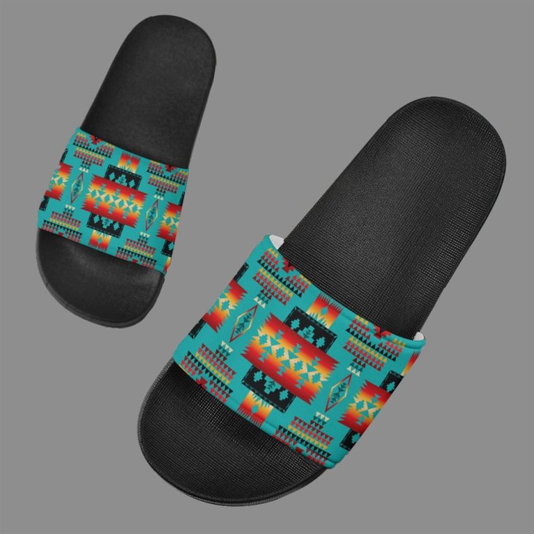 Blue Native Tribes Pattern Native American Slide Sandals - Grishko.com