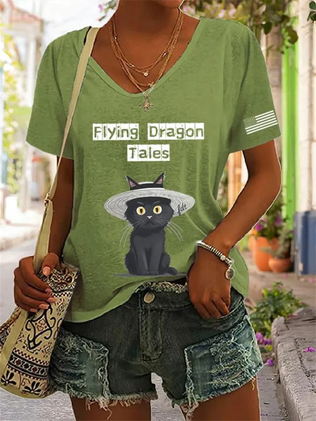 Women's Animal FDT Cat Flying Dragon Tales V-Neck T-Shirt - Grishko.com