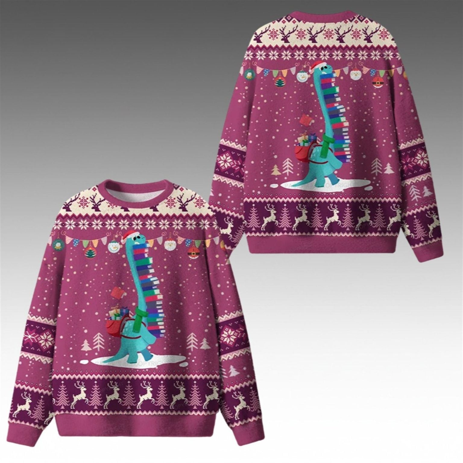 2025 Christmas Dinosaur Books Ugly Sweater - Grishko