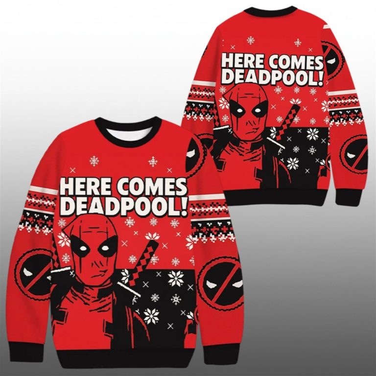 2025 Christmas Here Comes Deadpool Ugly Sweater - Grishko