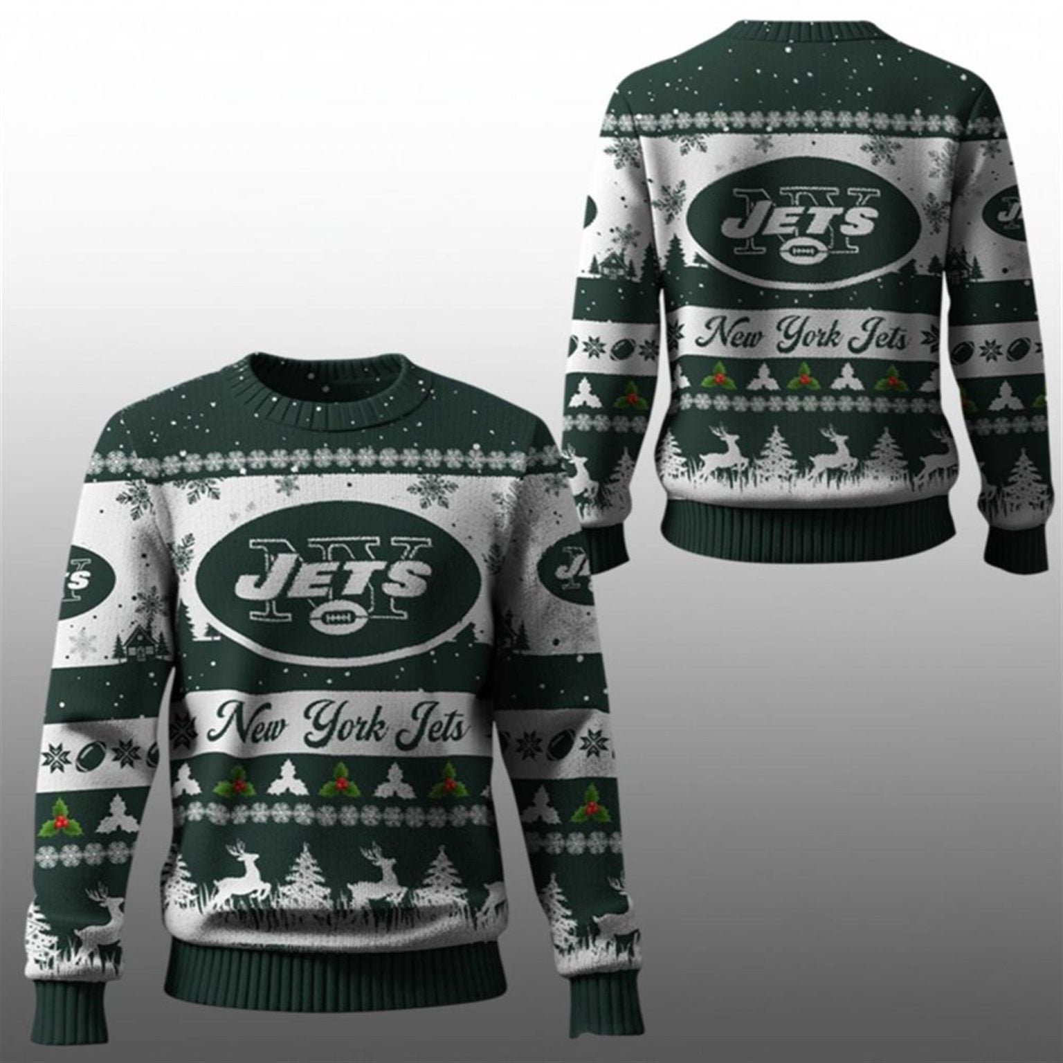 2025 Christmas NY Jets Festive Reindeer Tree Ugly Sweater - Grishko
