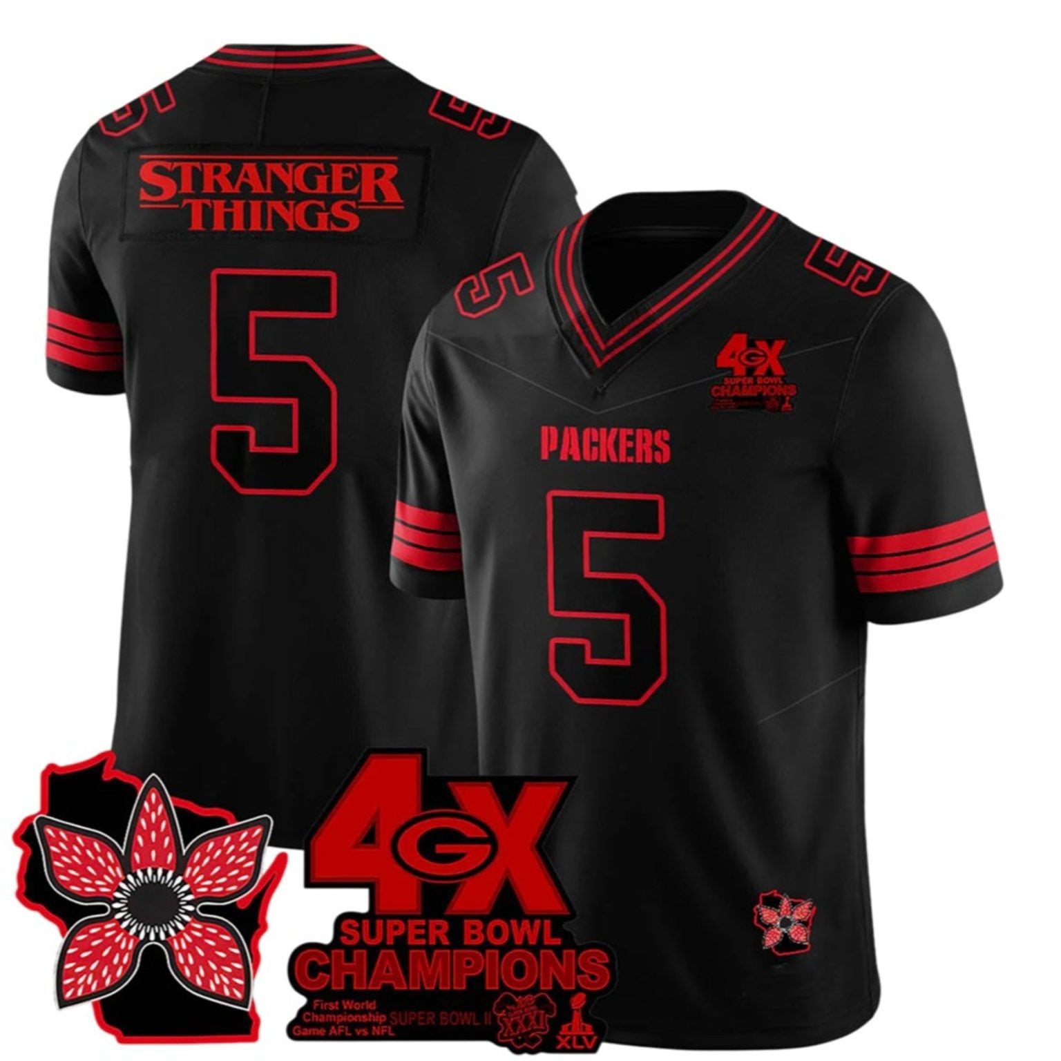 2026 GB Packers Stranger Things 4X Bowl Champions Jersey - Grishko.com