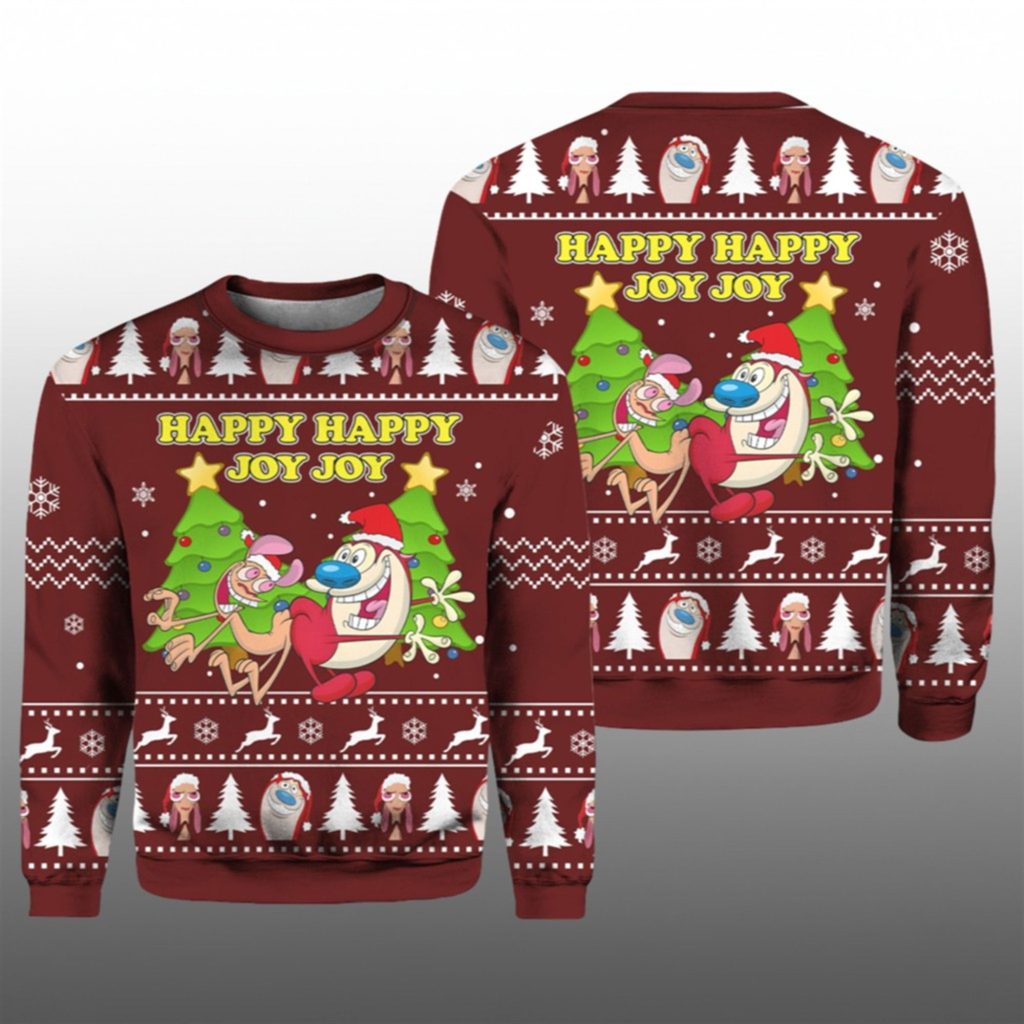 Ren And Stimpy Happy Happy Joy Joy Ugly Sweater 2025 Christmas - Grishko